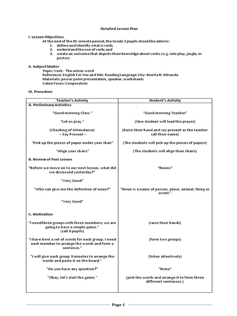 Grade 2 Lesson Plan on Verbs | PDF | Noun | Sentence (Linguistics)