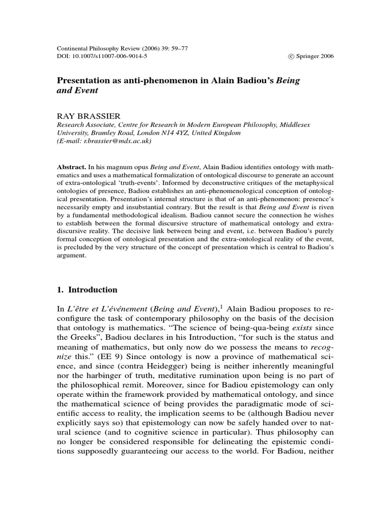 Badiou's Anti-Phenomenon in Ontology | PDF | Ontology | Existence