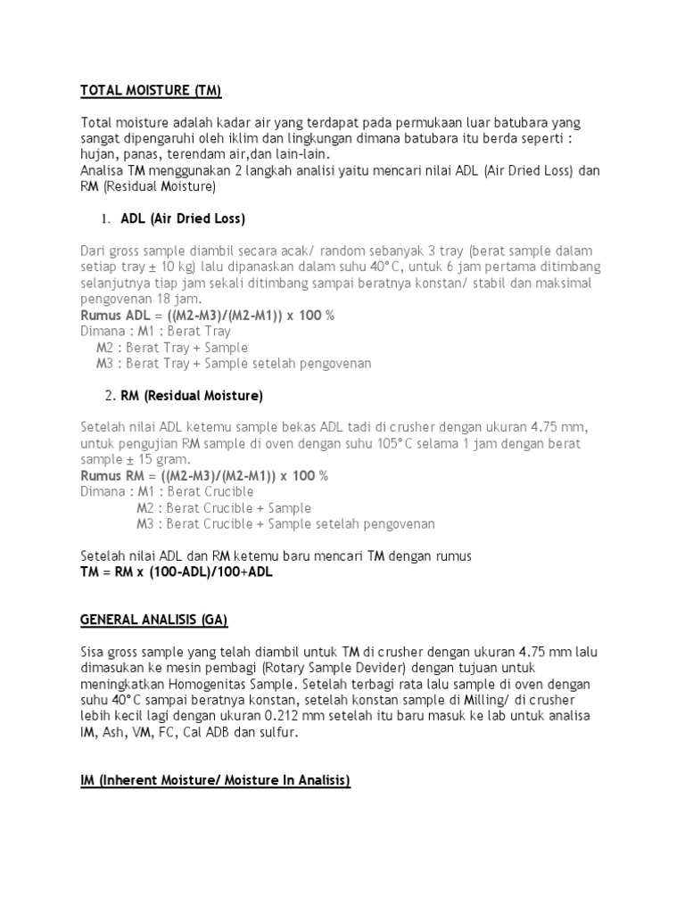 Total Moisture (TM) : Rumus ADL ( (M2-M3) / (M2-M1) ) X 100 % | PDF