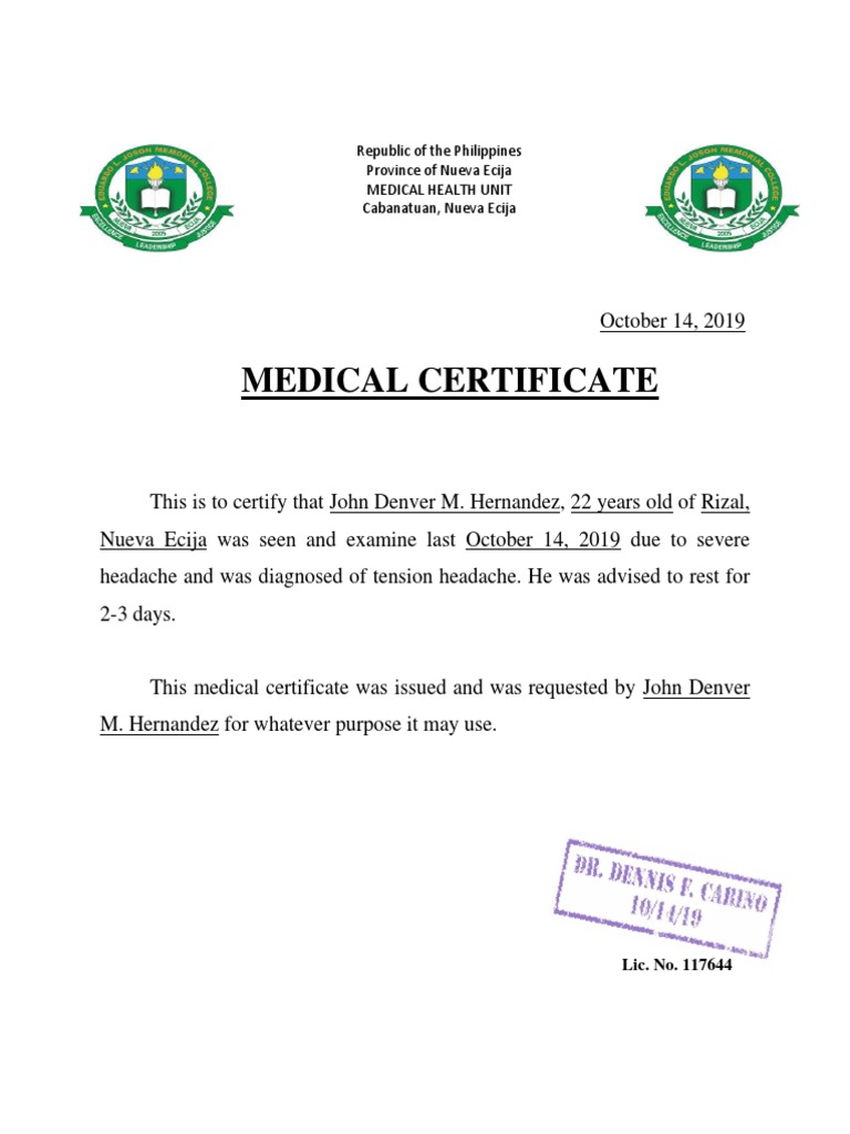 Medical Certificate: Republic of The Philippines Province of Nueva ...