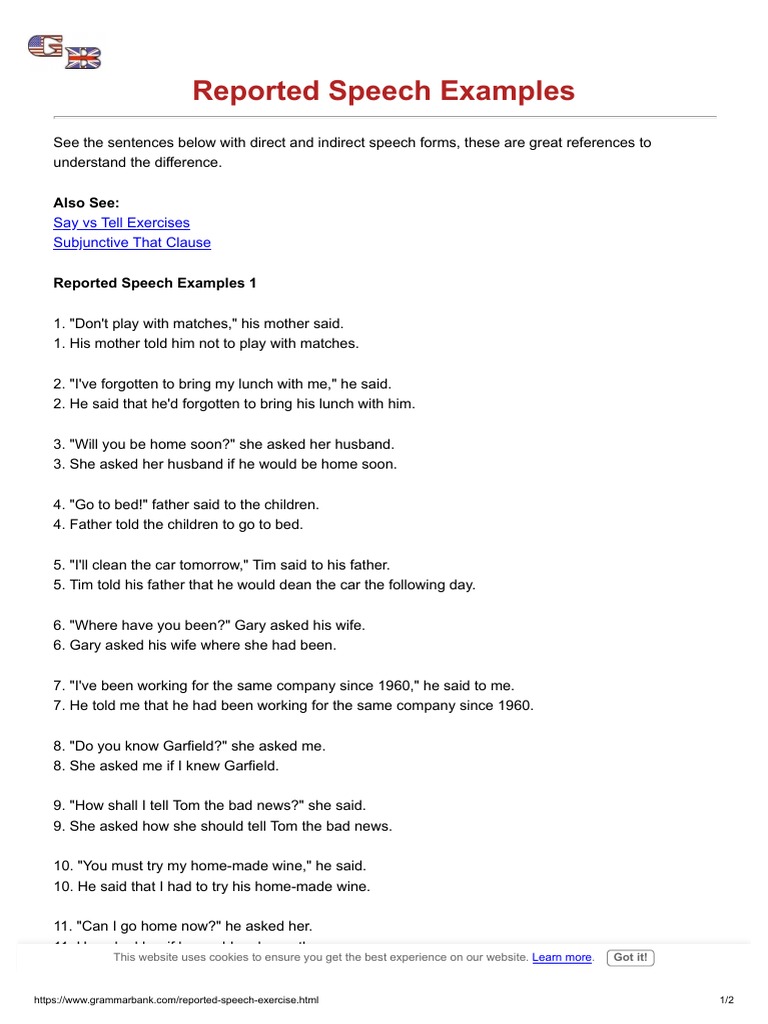 Reported Speech Examples - GrammarBank PDF | PDF | Syntax | Grammar