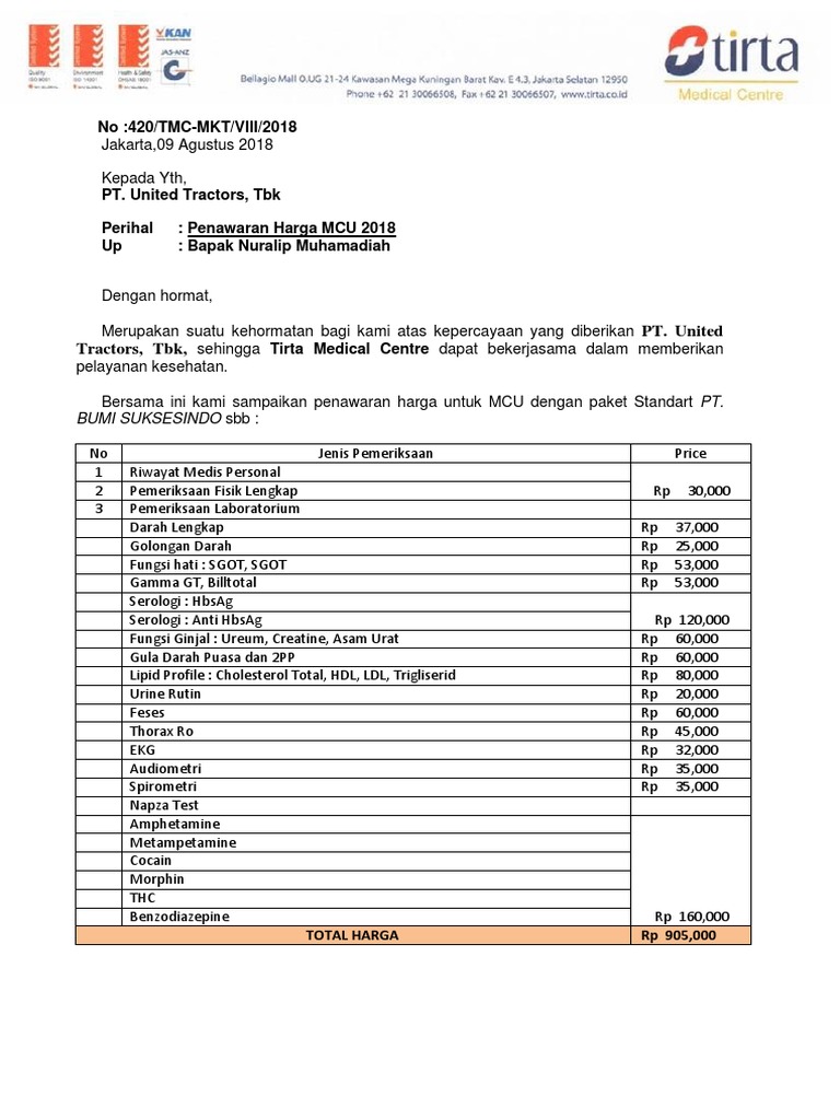Penawaran Harga MCU PT. UT (Standarat Bumi Suksesindo) | PDF