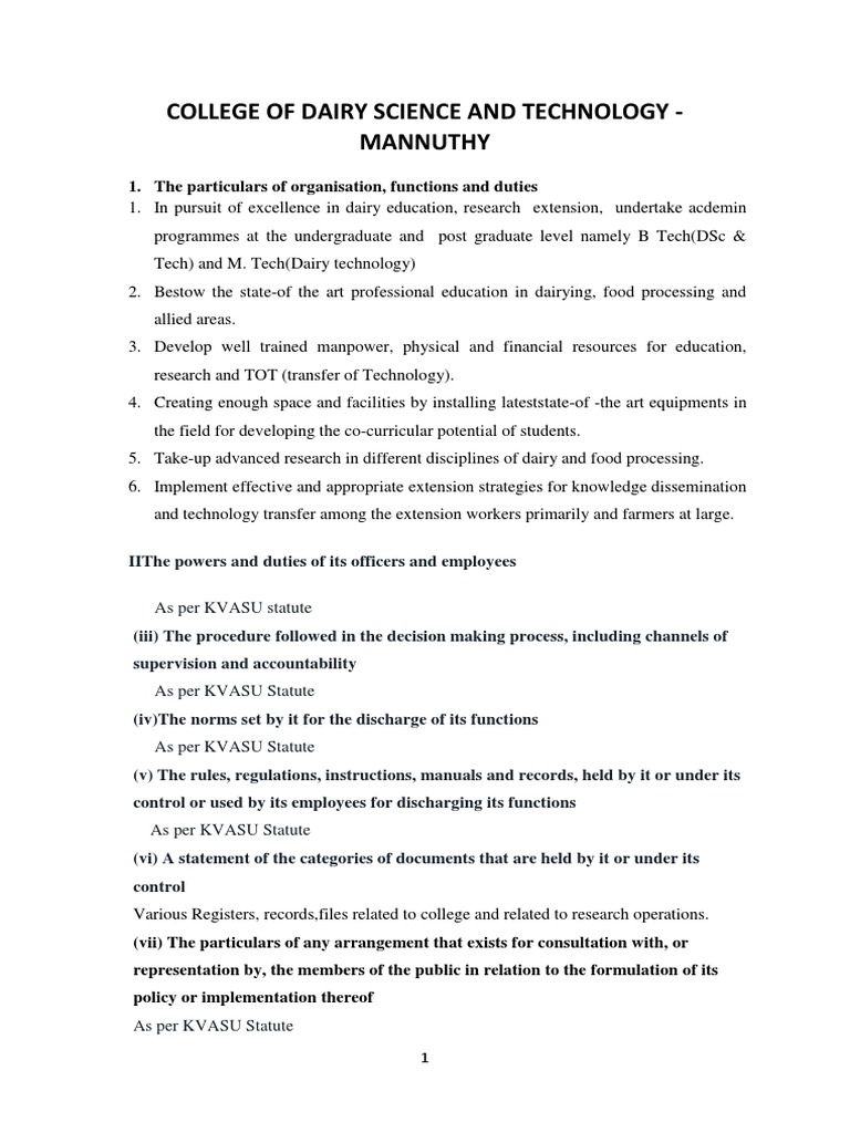 College of Dairy Science and Technology - Mannuthy: As Per KVASU ...