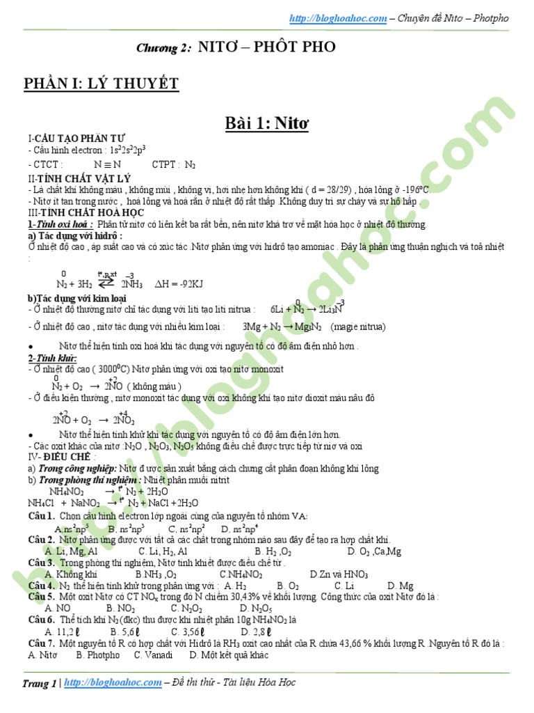 Ly Thuyet Bai Tap Nito Photpho Co Dap An Blog Hoa Hoc PDF | PDF