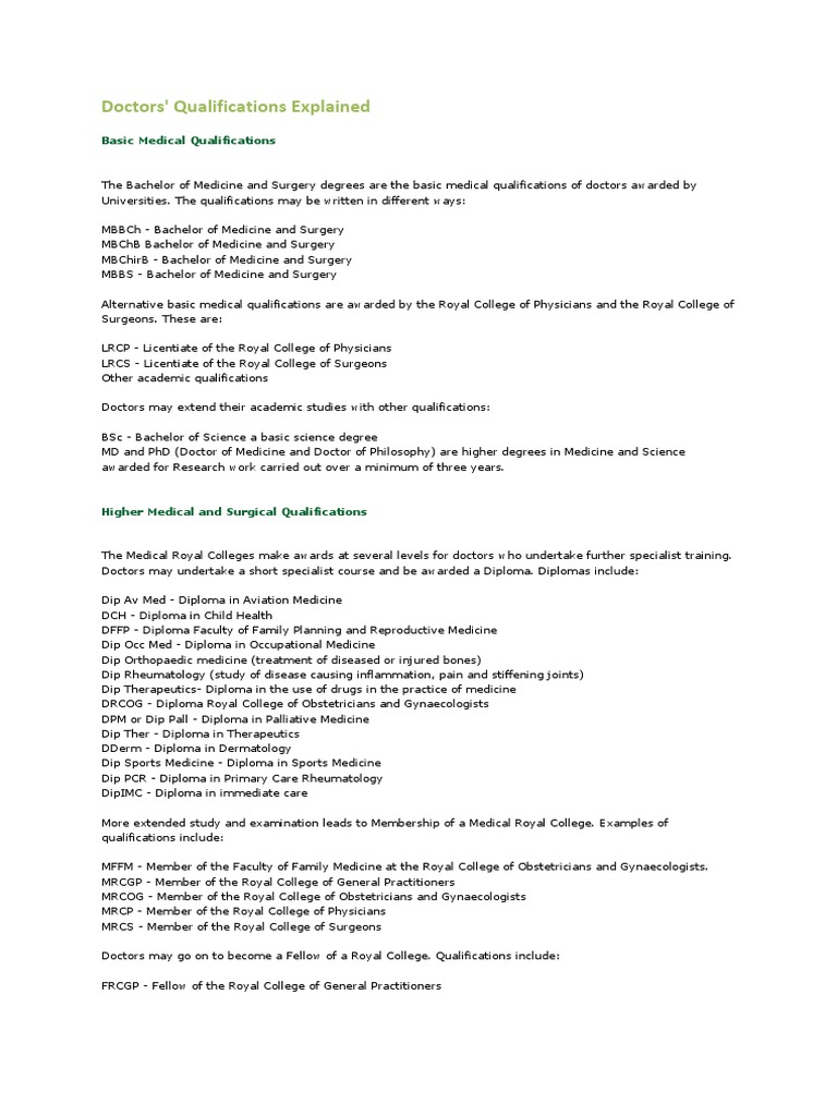 Doctors Qualifications Explained | PDF | Doctor Of Medicine | Physician