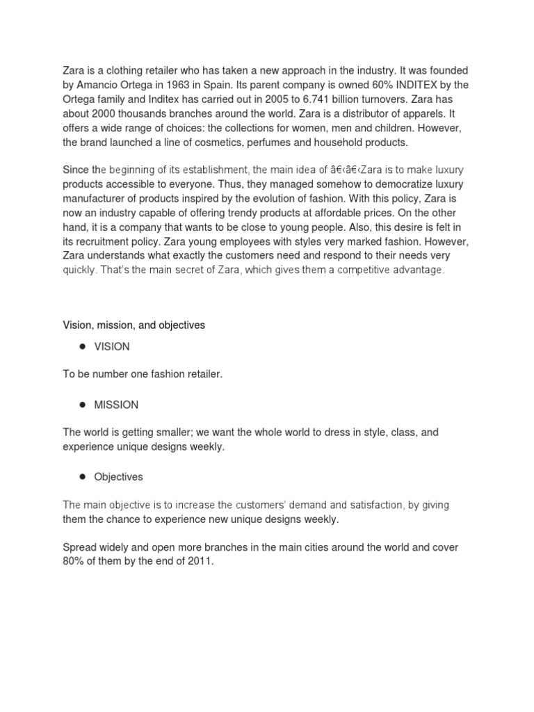 Zara's Mission, Vision, and Objectives | PDF