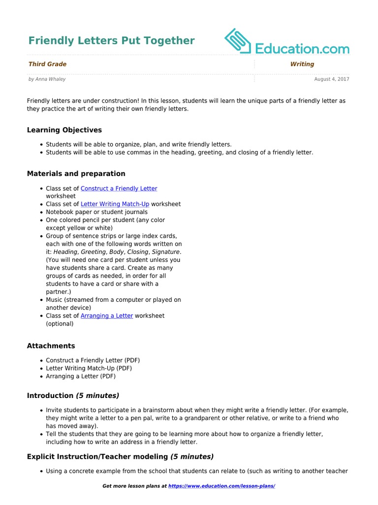 Friendly Letters Put Together | PDF | Brainstorming | Lesson Plan