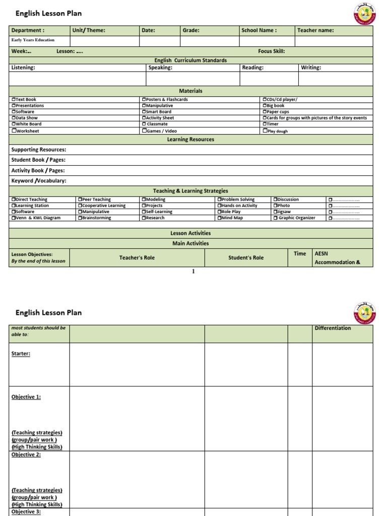 English Lesson Plan: Early Years Education | PDF | Lesson Plan ...