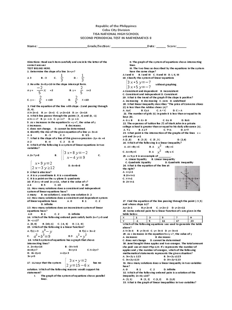 Math 8 Periodical Test on Linear Functions | PDF | Function ...