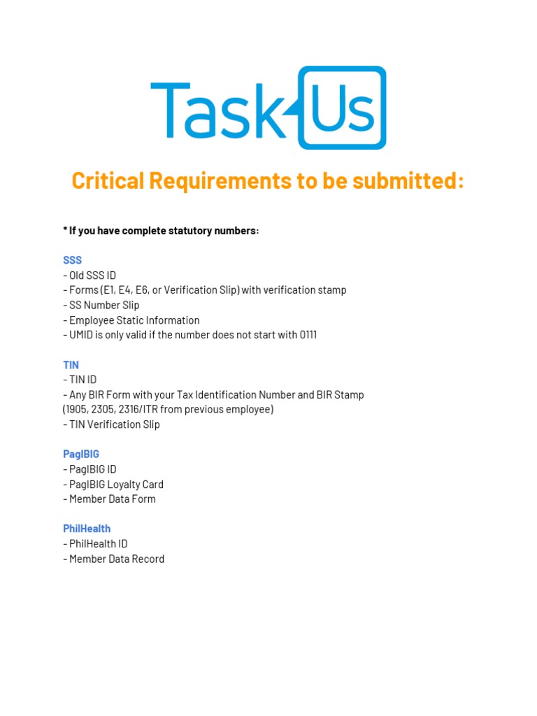 Critical Requirements (TaskUs) | PDF | Identity Document | Official ...