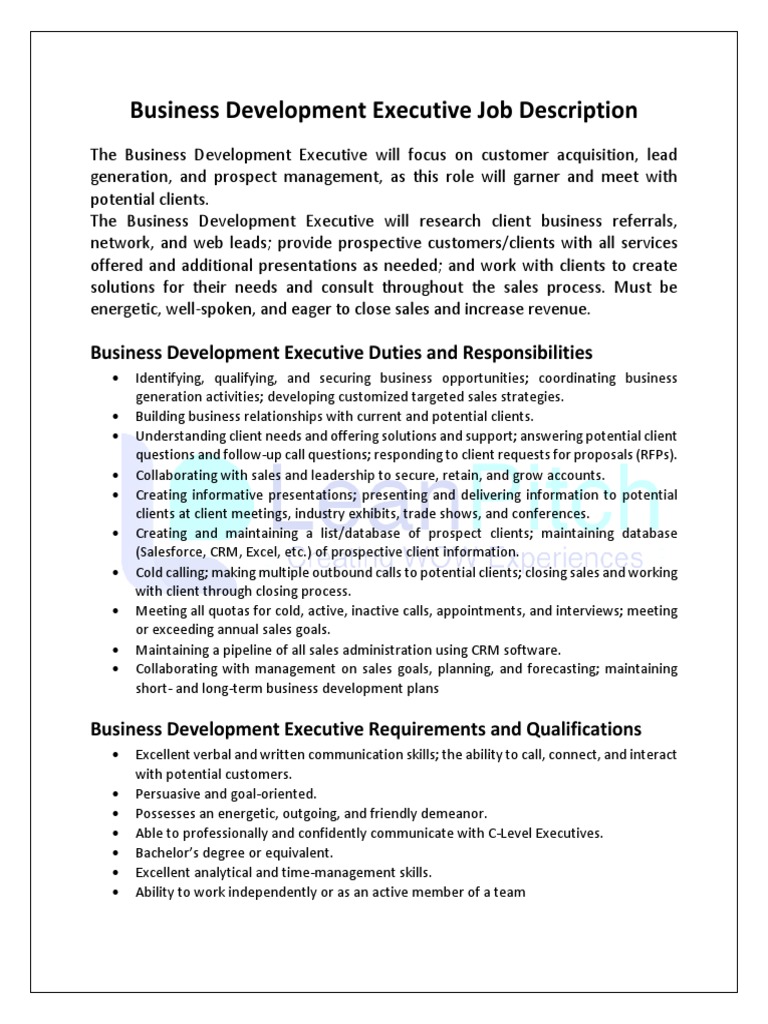 Business Development Executive Job Description PDF | PDF | Business ...