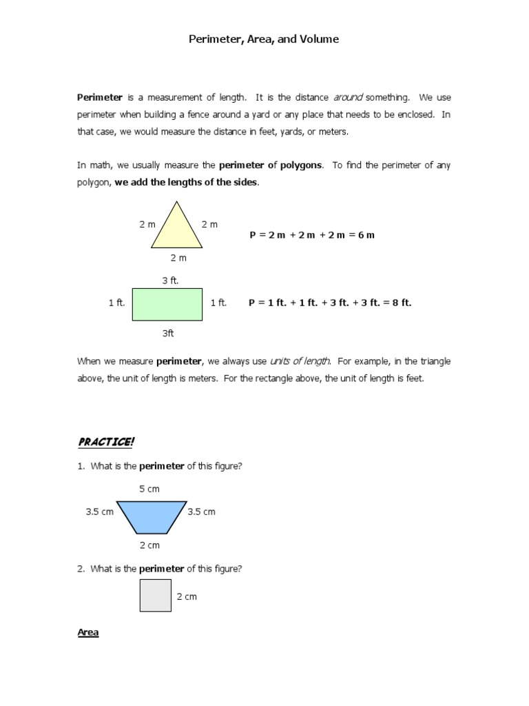 Perimeter, Area, Volume Guide | PDF | Area | Volume