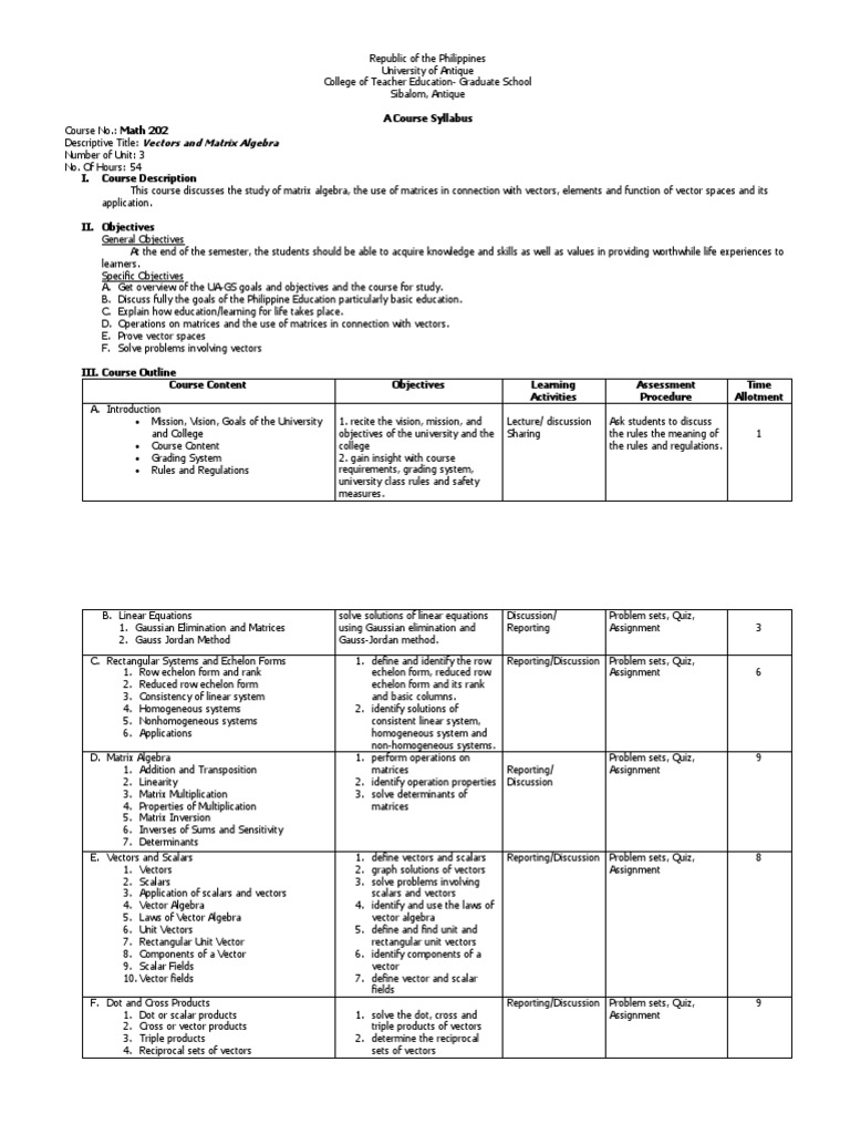Vectors, Matrices, and Linear Algebra: A Course Syllabus for Math 202 ...