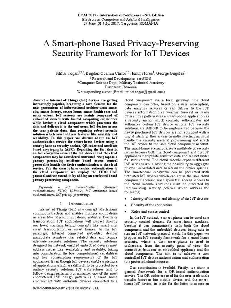 A Smart Phone Based Privacy Preserving Security Framework For Iot Devices Pdf Internet Of