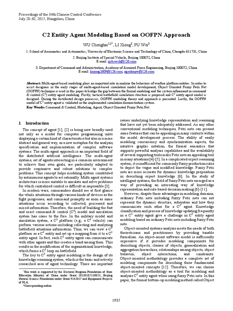 C2 Entity Agent Modeling Based On OOFPN Approach: WU Chenghai, LI Xiong, PU Wei | PDF ...