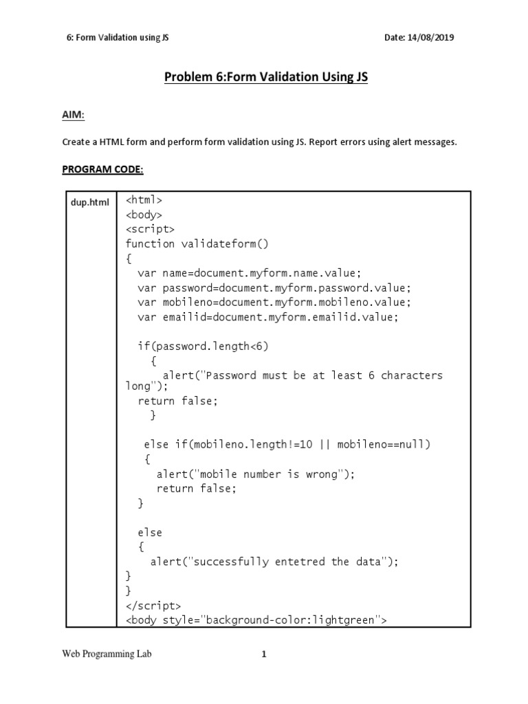 Problem 6:form Validation Using JS: Program Code | PDF | World Wide Web ...