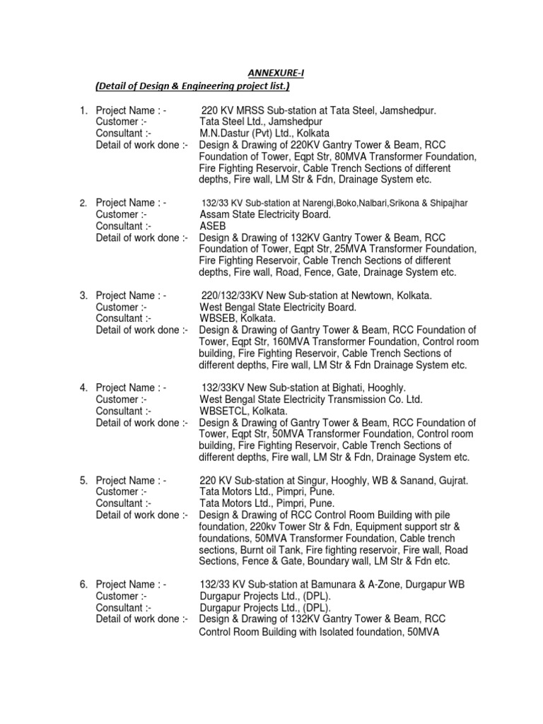 Annexure-I (Detail of Design & Engineering Project List.) | PDF ...