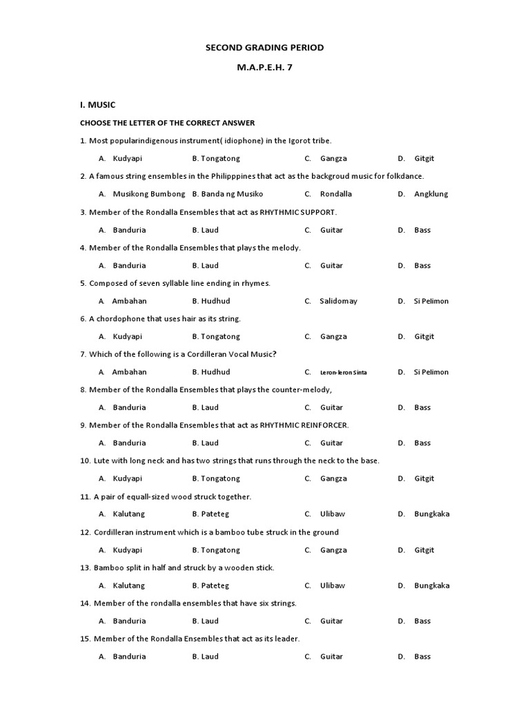 Second Grading Period MAPEH 7 | PDF | String Instruments | Foods