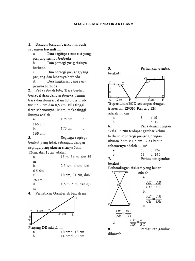 Soal Uts MTK Kelas 9 Semester 1 TH Ajaran 2018/2019 | PDF