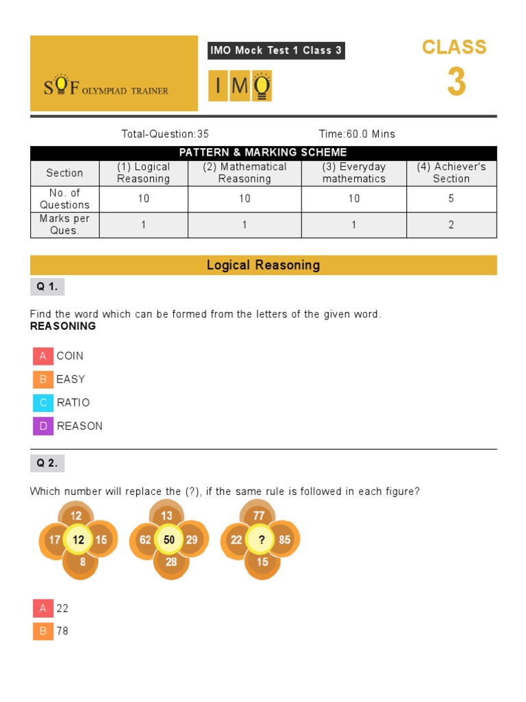 Mock Test 1 for Class 3 IMO Exam with Detailed Questions on Logical ...