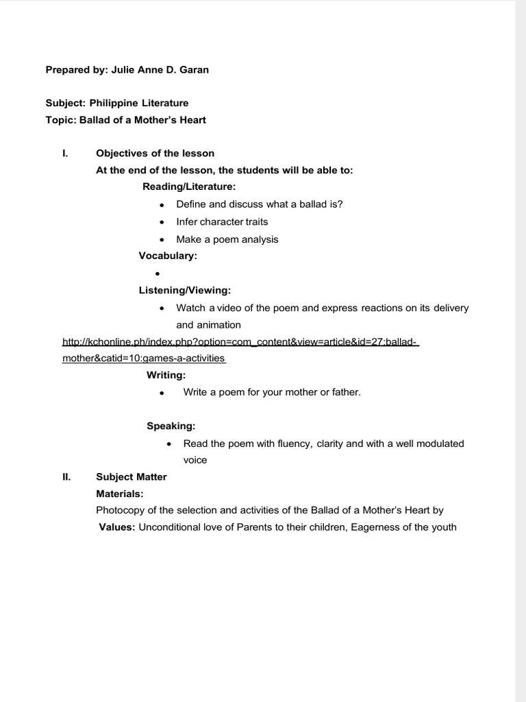Lesson Plan English | PDF | Ballad | Poetry