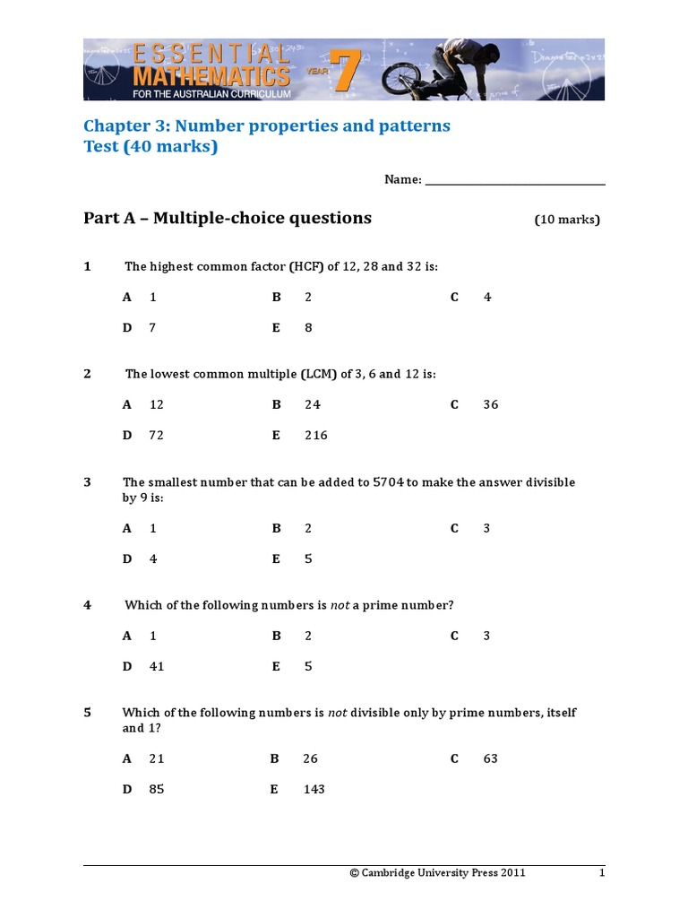 Chapter 3: Number Properties and Patterns Test (40 Marks) : Part A ...