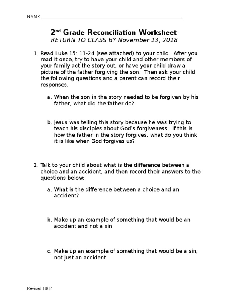 2nd Grade Reconciliation Worksheet | PDF | Forgiveness | Religious ...