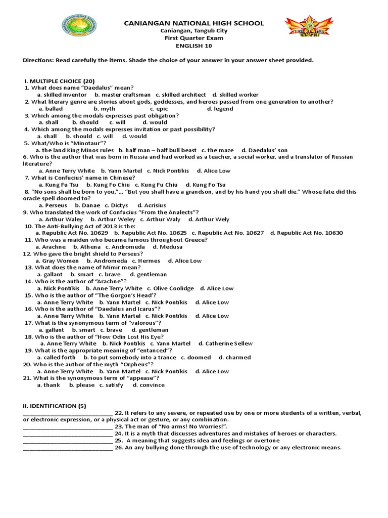 First Quarter Exam English 10 With TOS | PDF | Poetry | Metaphor