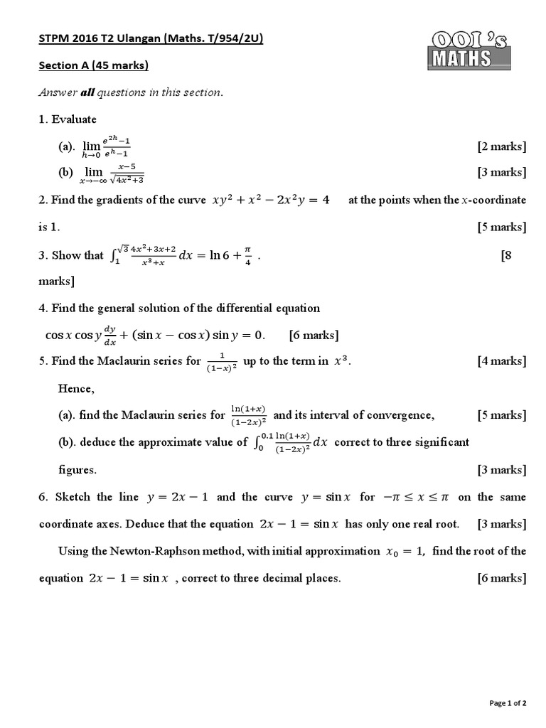Answer All Questions in This Section.: STPM 2016 T2 Ulangan (Maths. T ...