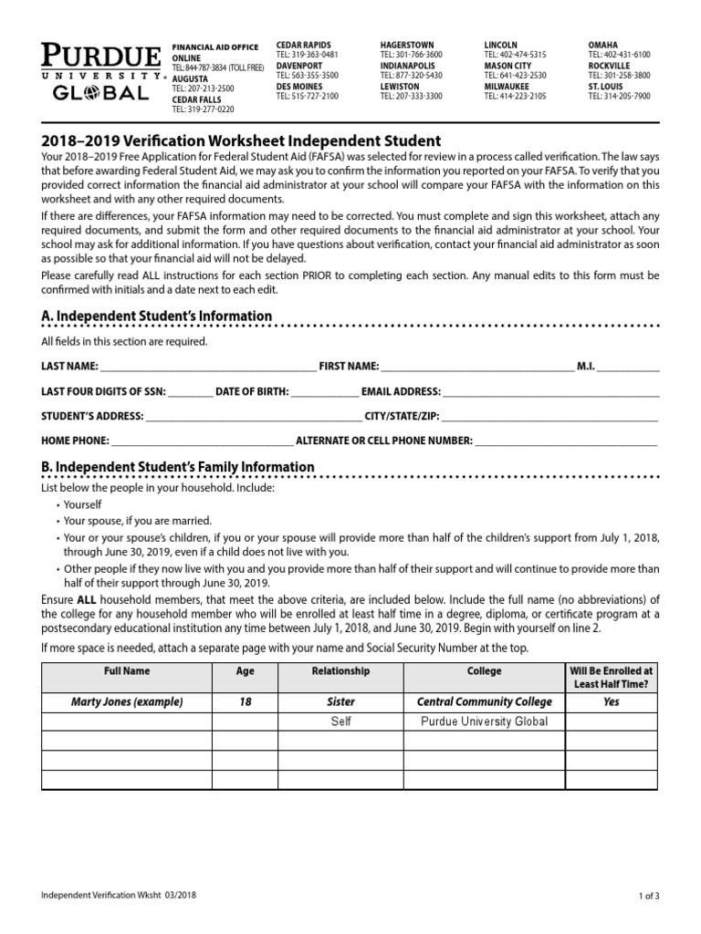 2018-2019 Verification Worksheet Independent Student | PDF | Irs Tax ...