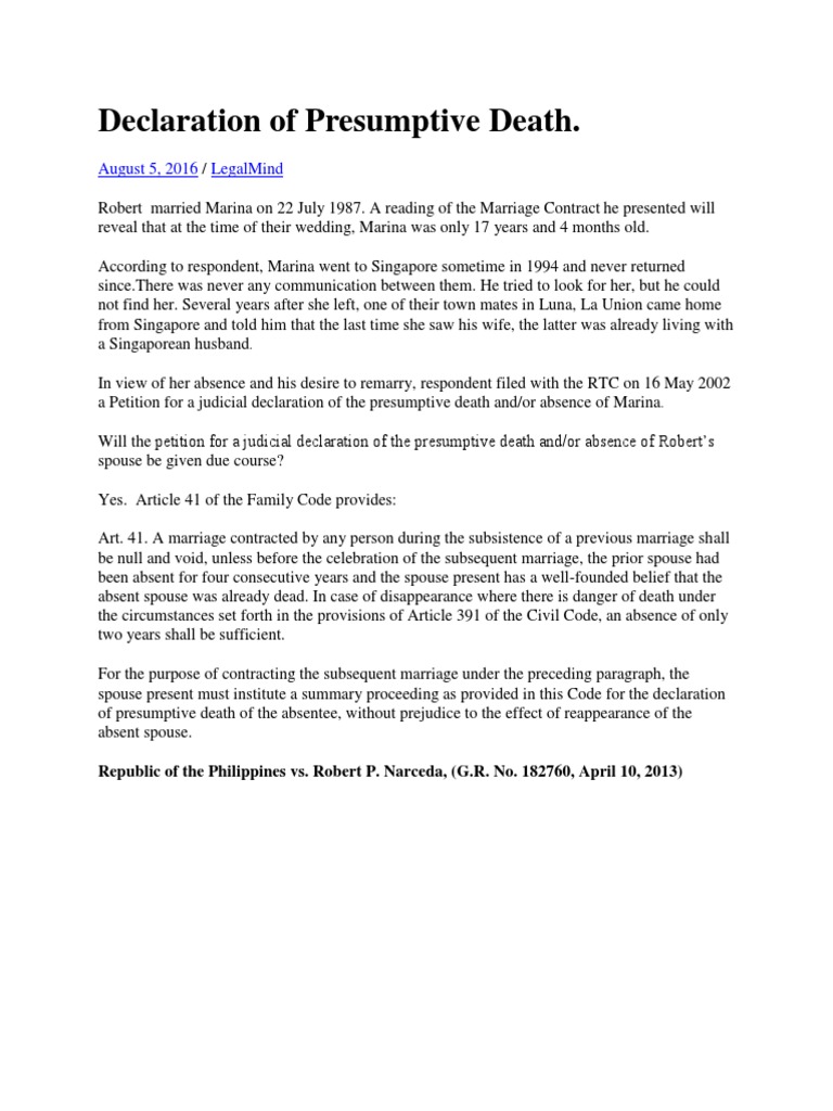 Declaration of Presumptive Death.: August 5, 2016 Legalmind | PDF