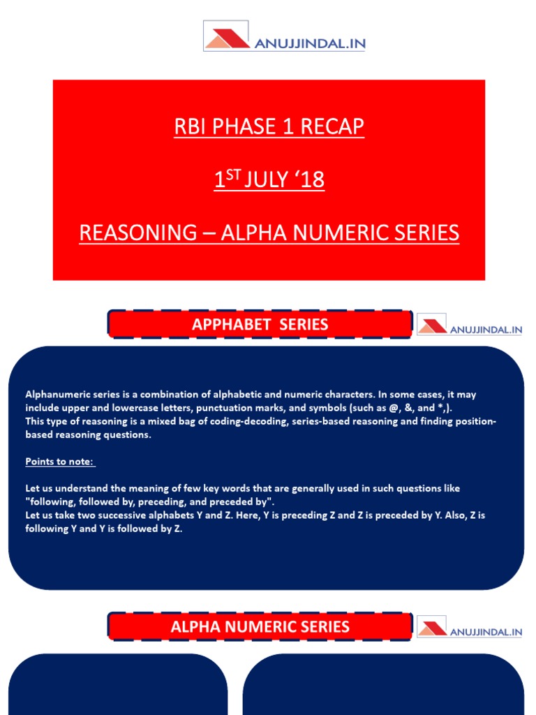 RBI Phase 1 Recap 1st August 18 Reasoning Alpha Numeric Series 1 | PDF ...