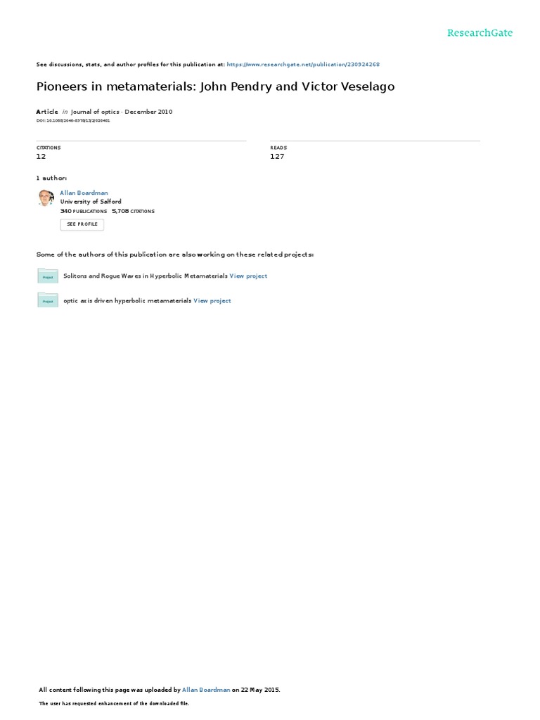 Pioneers in Metamaterials: John Pendry and Victor Veselago: Journal of ...