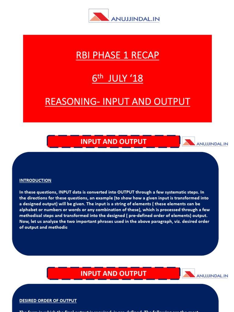 RBI Phase 1 Recap 6 July 18 Reasoning Input Output | PDF | Input/Output ...