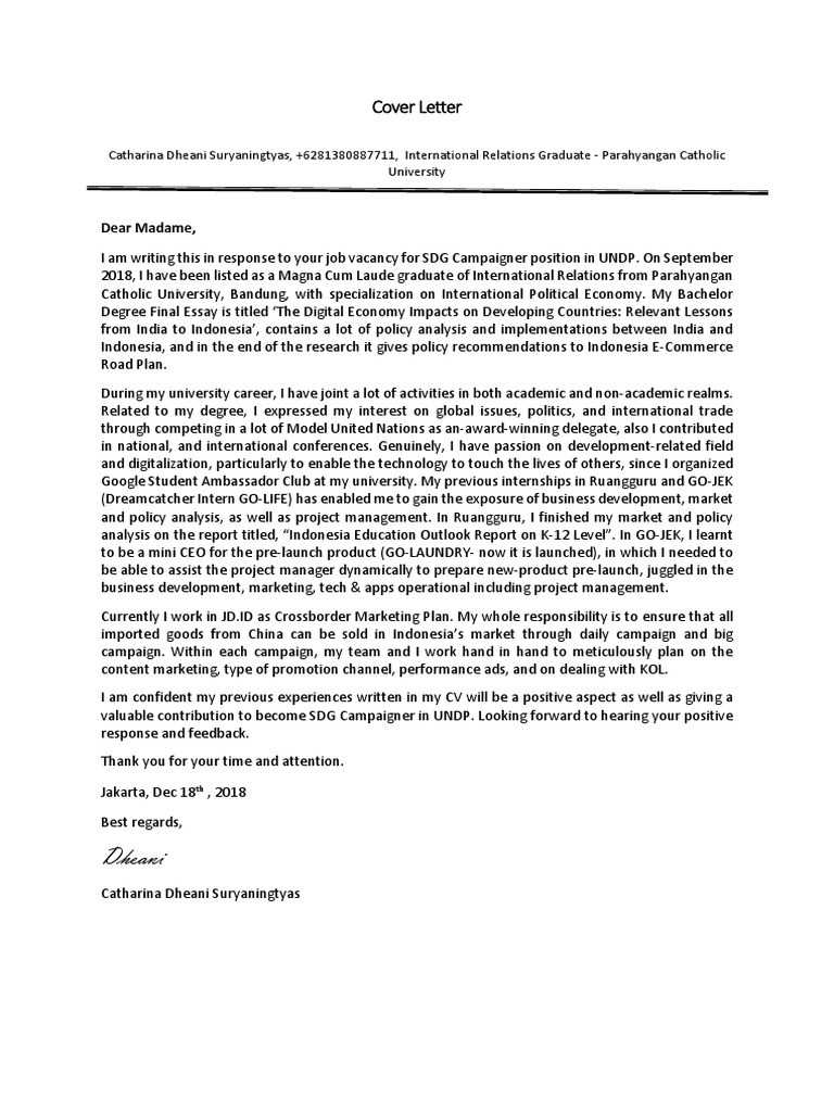 UNDP SDG Campaigner Cover Letter | PDF | Economies | Business