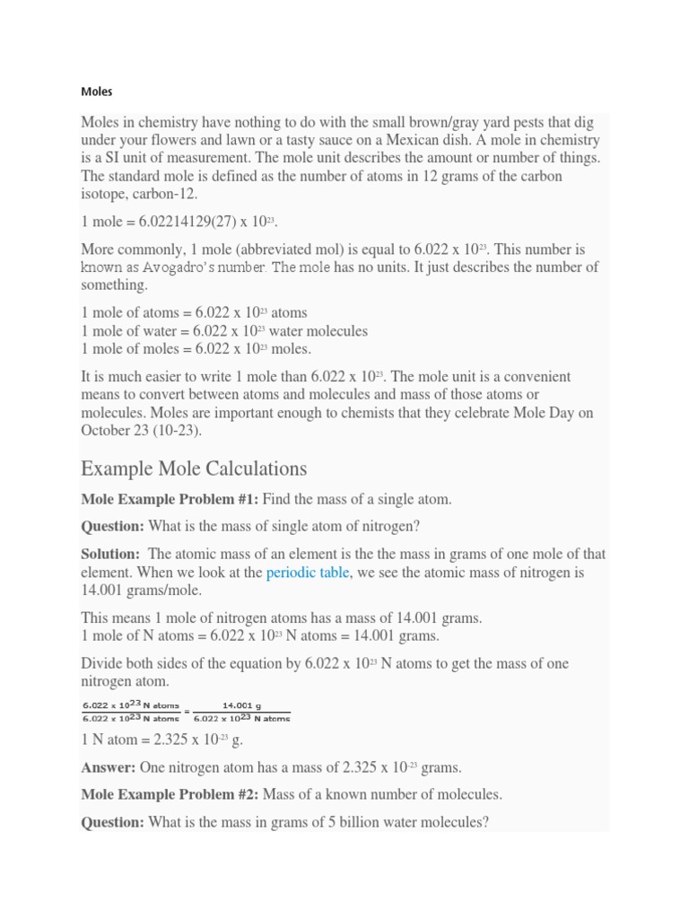 Example Mole Calculations: Moles | PDF | Mole (Unit) | Chemistry
