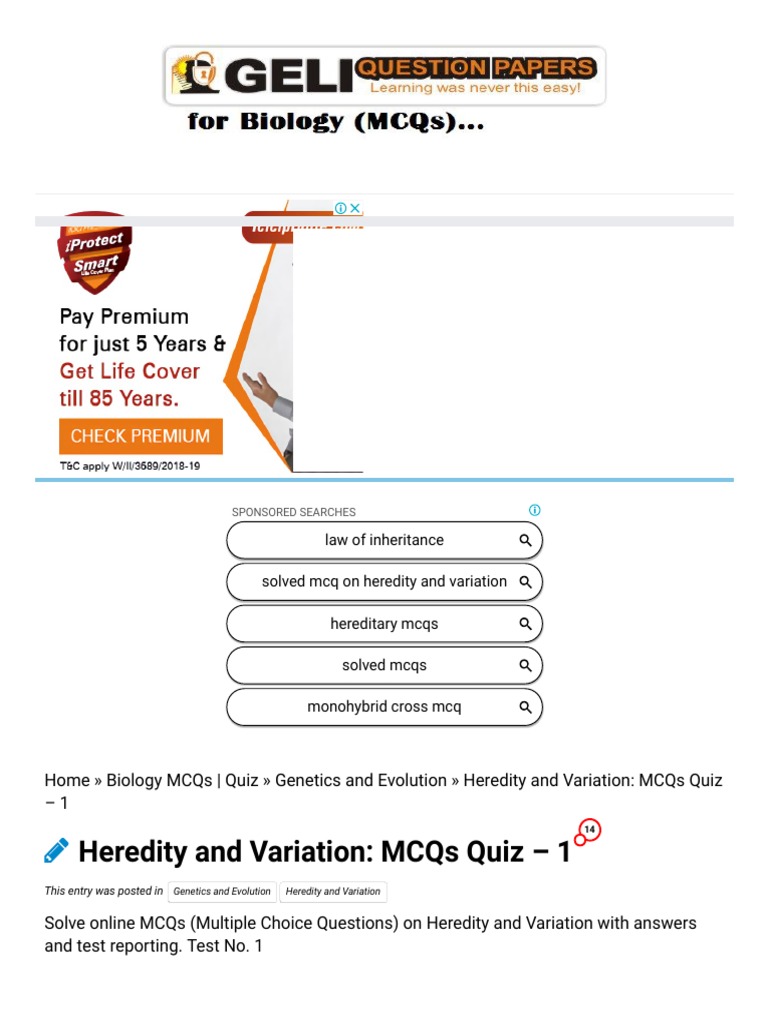 Heredity and Variation - MCQs Quiz - 1 | PDF | Allele | Zygosity