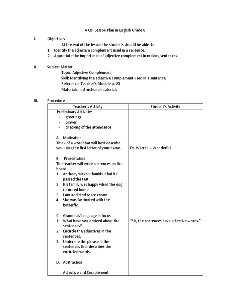 Identifying Adjective Complements: A Lesson Plan on Recognizing and Using Adjective Complements ...