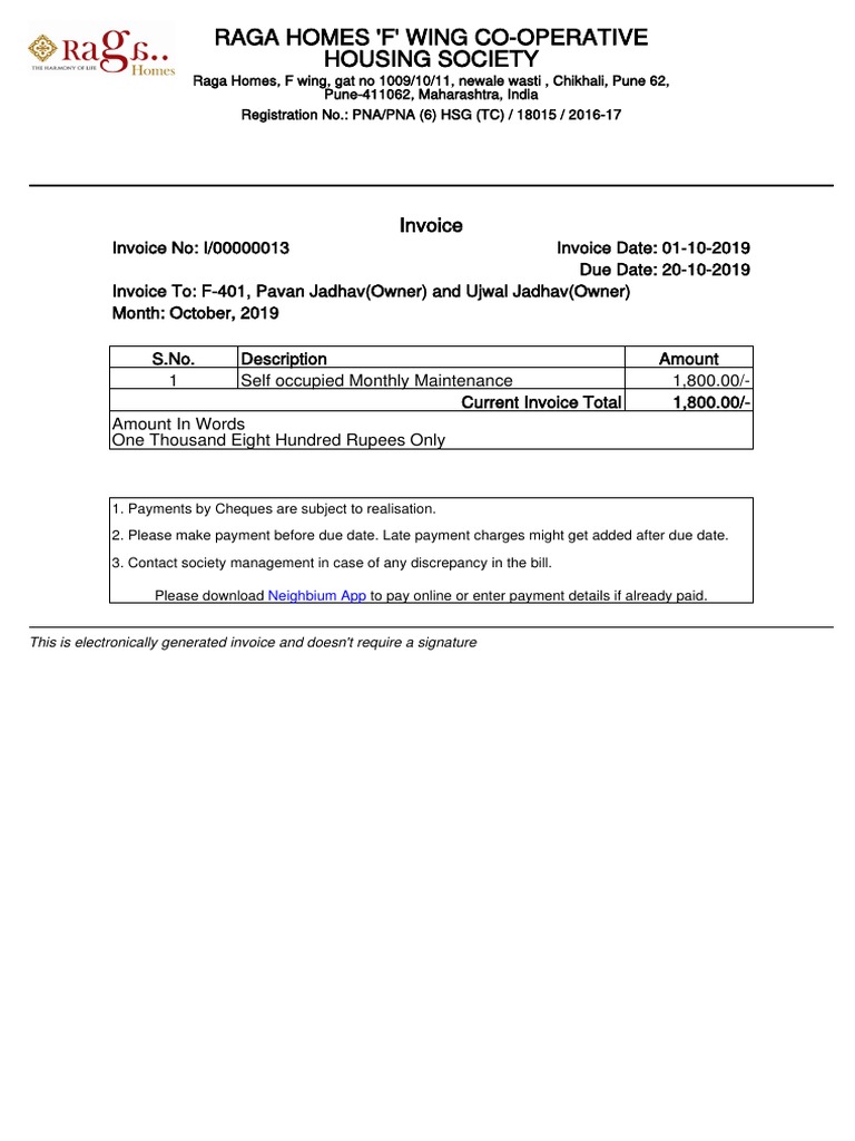 Raga Homes 'F' Wing Co-Operative Housing Society: Invoice | PDF