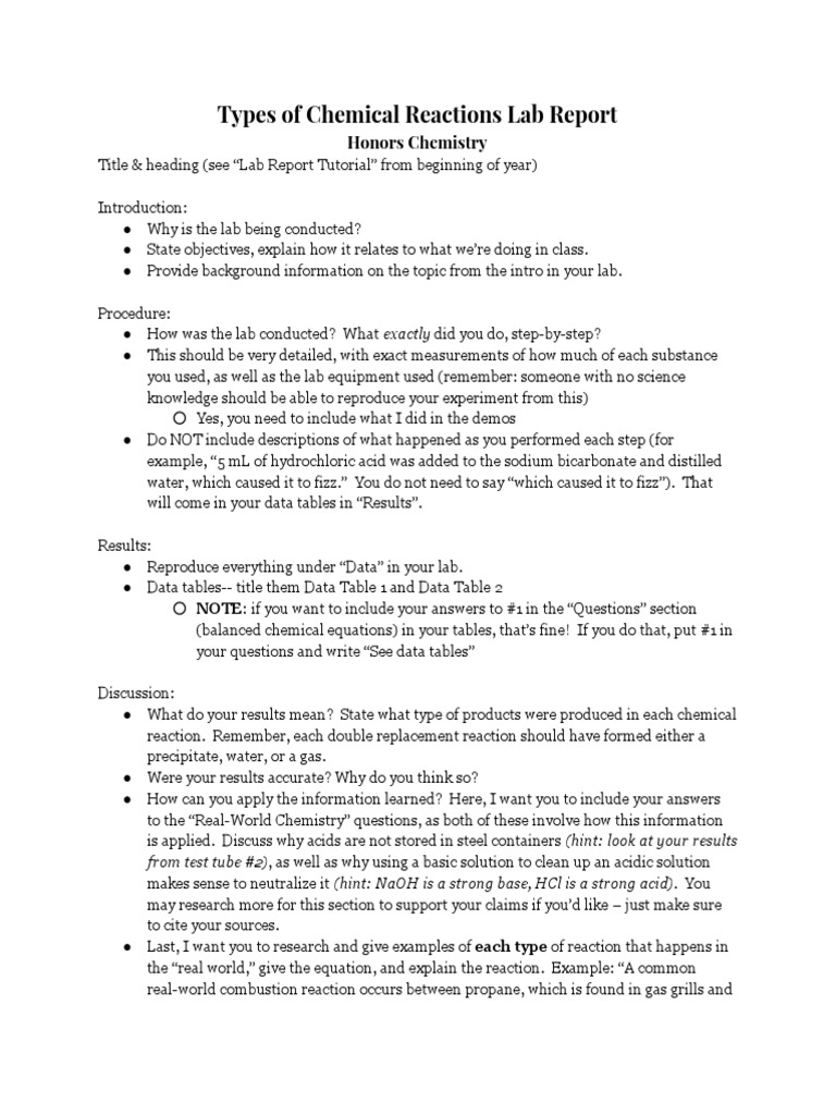 Types of Chemical Reactions Lab Report: Honors Chemistry | PDF ...