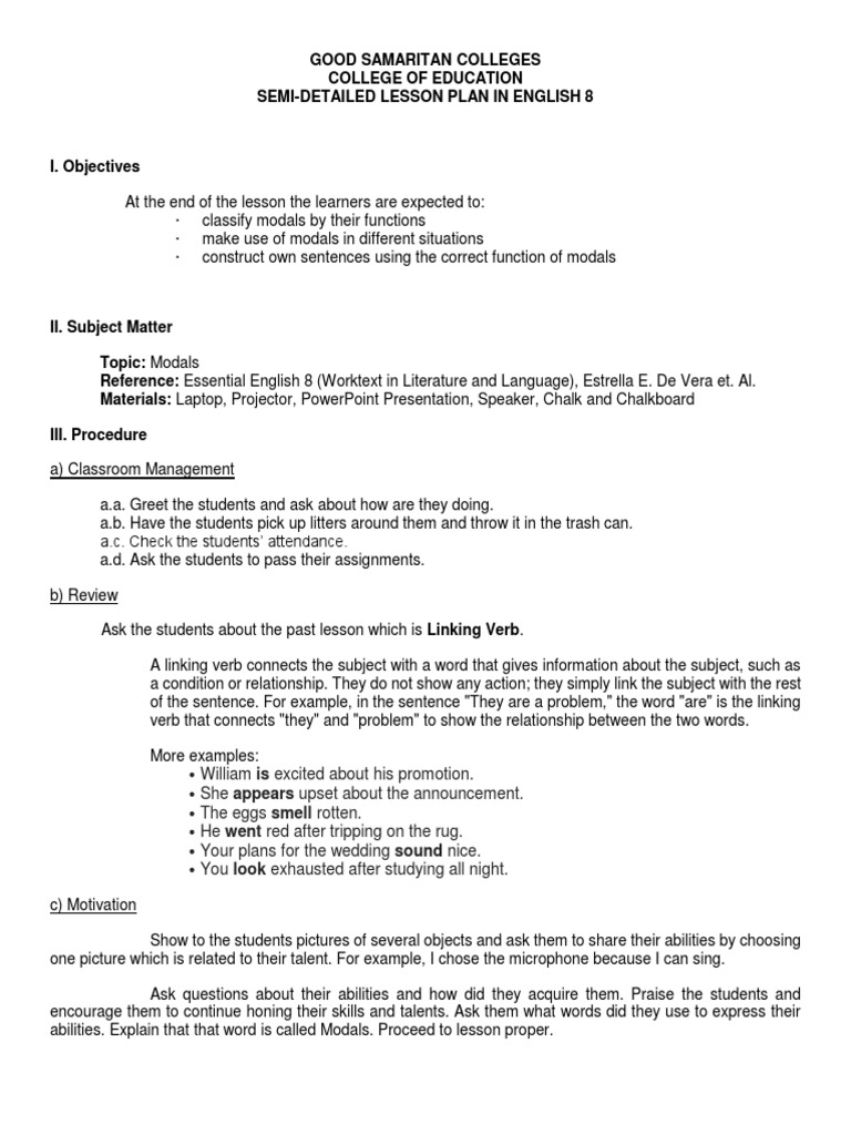 Modals Lesson Plan for Grade 8 | PDF | Human Communication | Communication