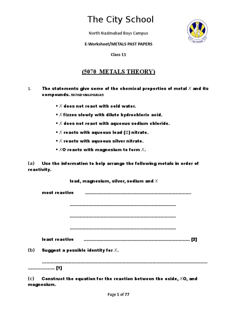 Chemistry 5070 Metals Grade 11 | PDF | Iron | Oxide