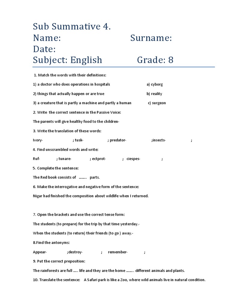 Sub Summative 4.grade 8 | PDF