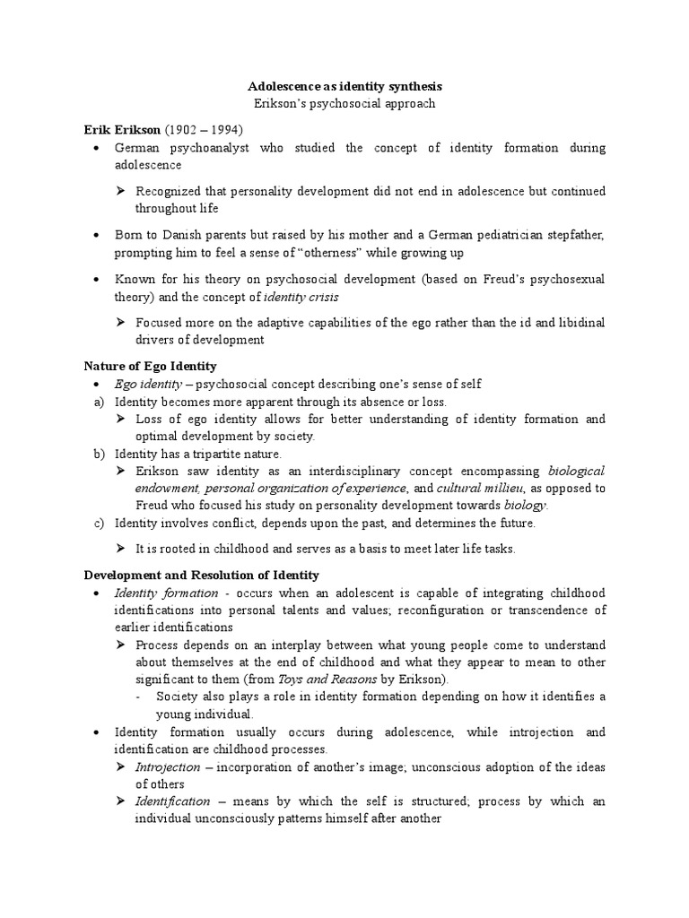 Adolescence As Identity Synthesis Erik Erikson (1902 - 1994) | PDF ...