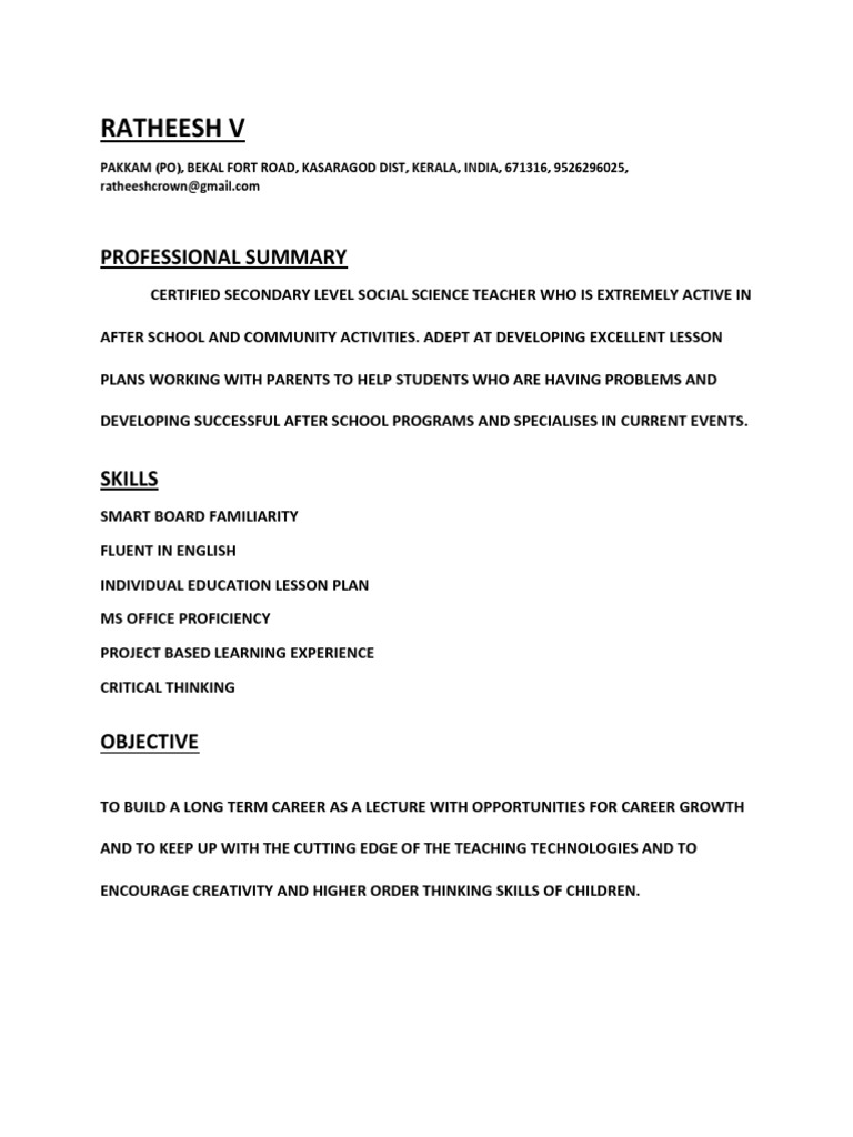 Ratheesh V: Professional Summary | PDF | Teachers | Postgraduate Education