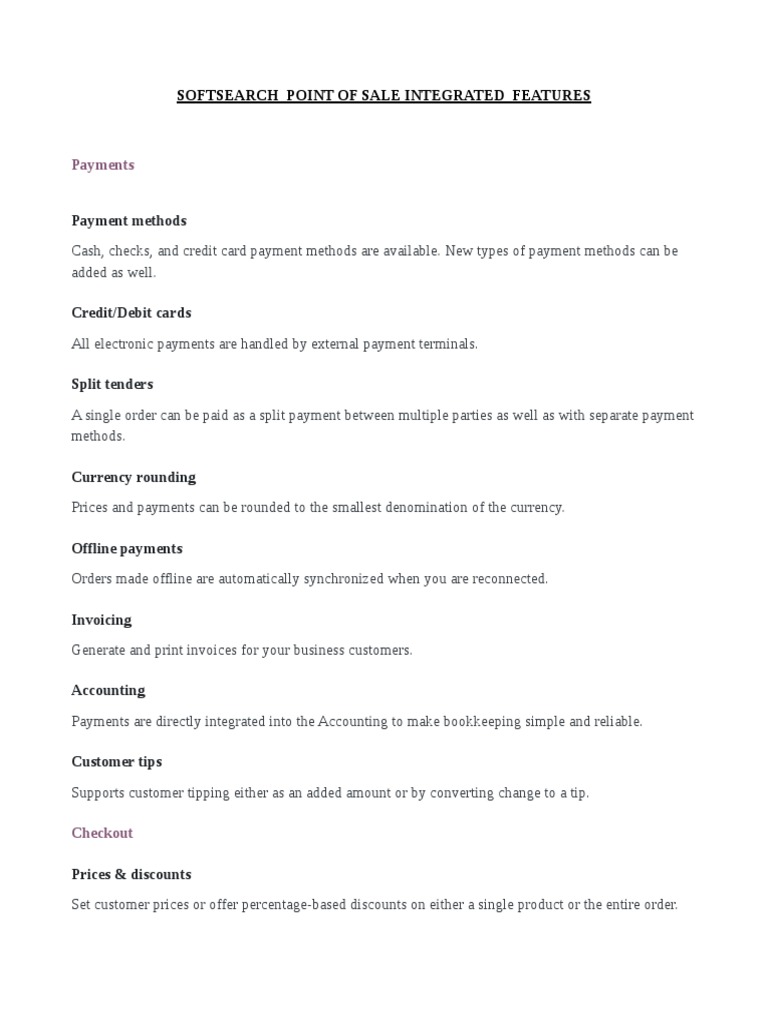 Softsearch Pos Features | PDF | Point Of Sale | Financial Technology
