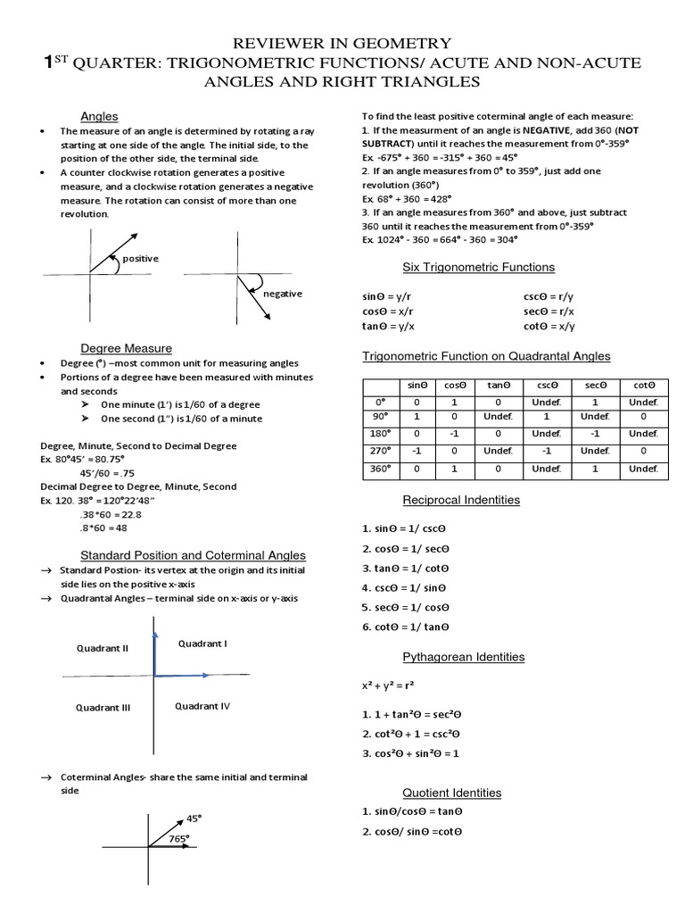 Trigonometry Reviewer 1st Quarter Pdf Trigonometric Functions Sine