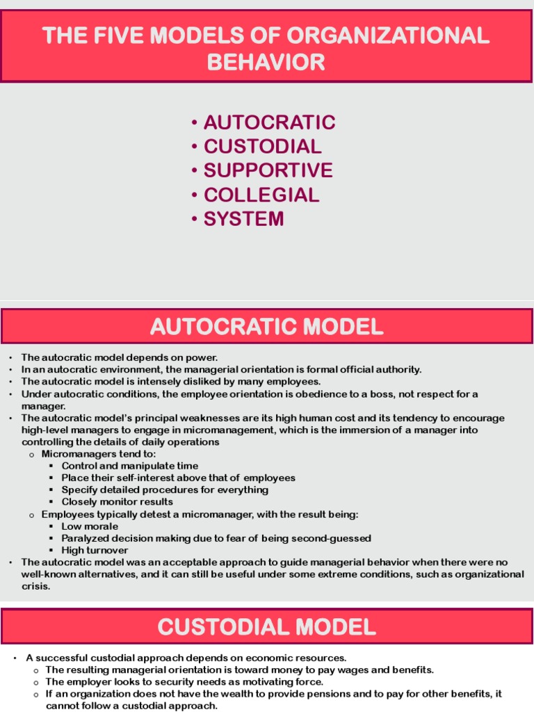 The Five Models of Organizational Behavior: - Autocratic - Custodial ...