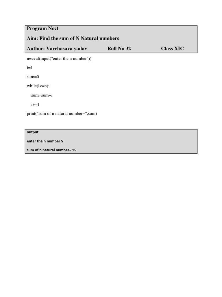 Program No:1 Aim: Find The Sum of N Natural Numbers Author: Varchasava Yadav Roll No 32 Class ...