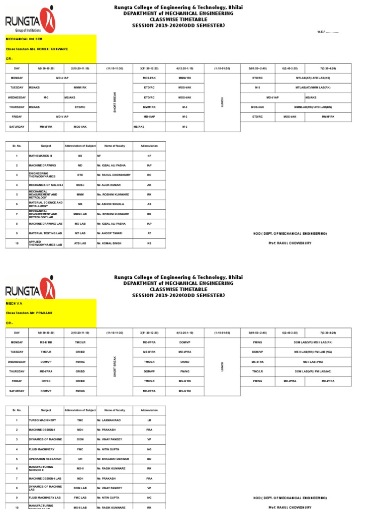 Mechanical Engineering Timetable 2019-20 | PDF | Machines | Engineering